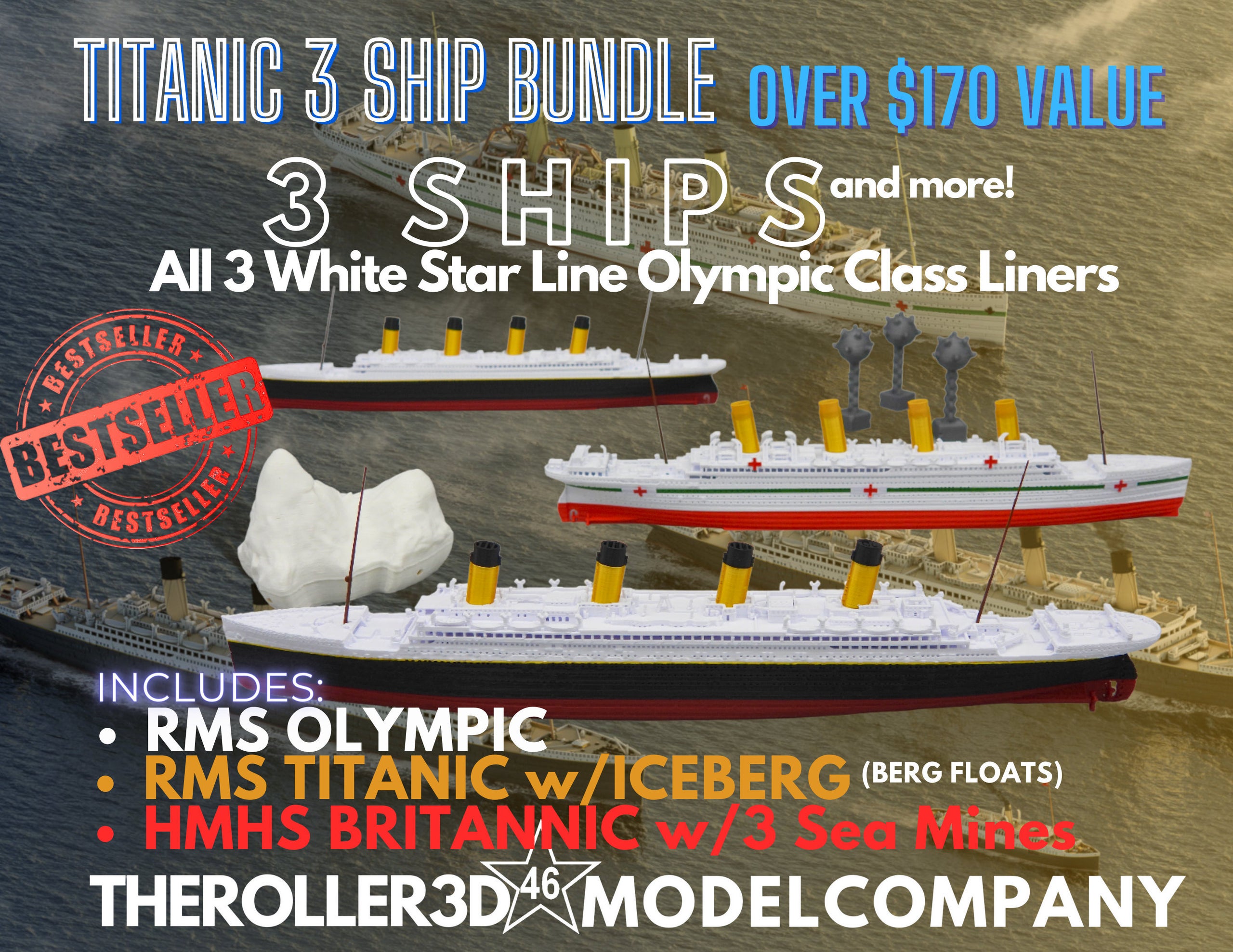 3 Ship Bundle RMS Titanic HMHS Britannic RMS Olympic plus Iceberg and ...