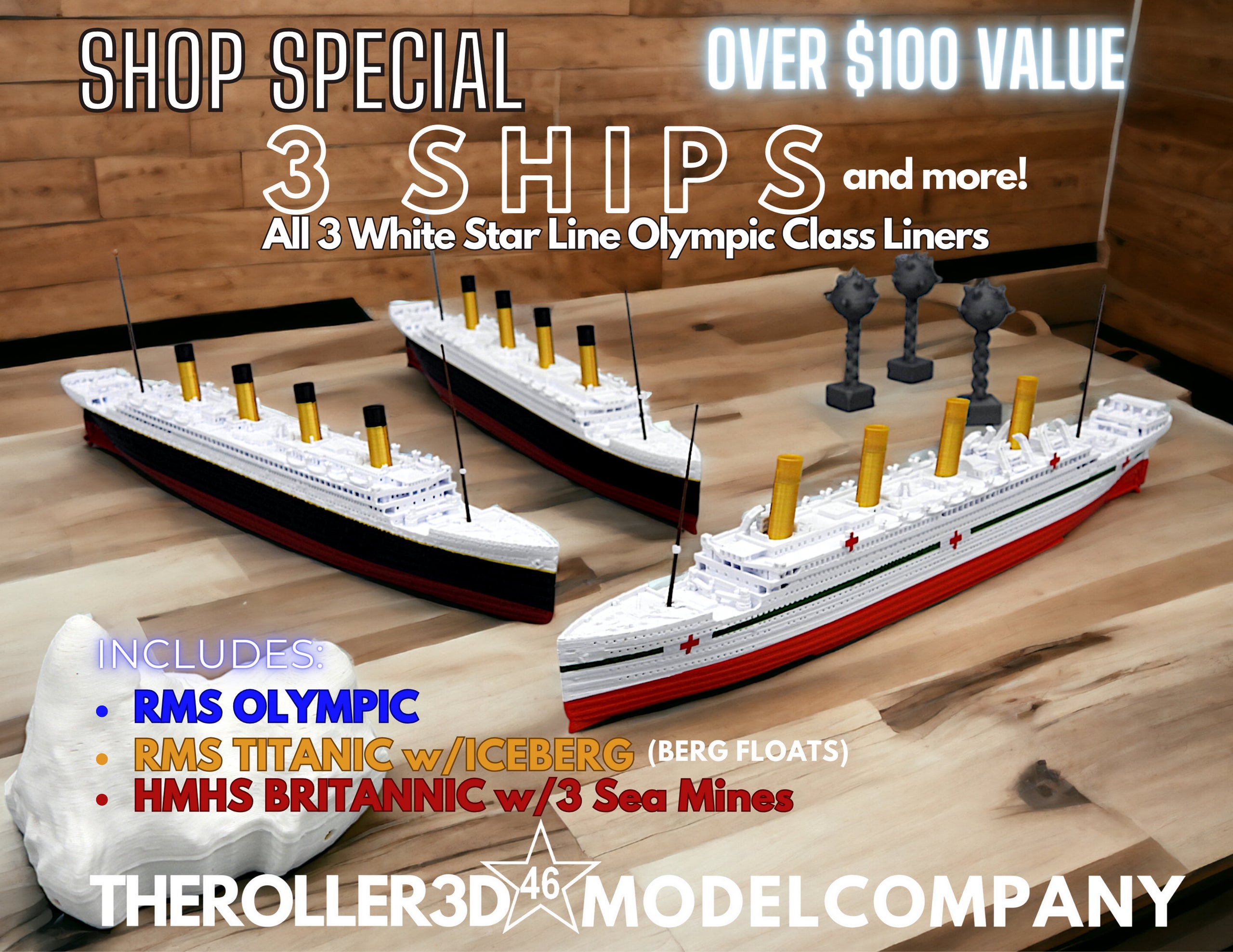 3 Ship Bundle 12" RMS Titanic HMHS Britannic RMS Olympic plus Iceberg ...